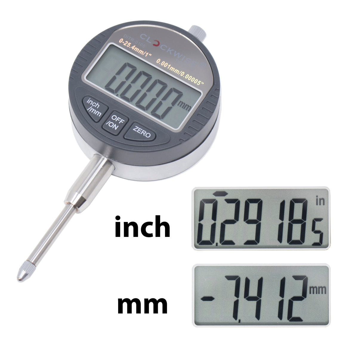 Clockwise Tools DITR-0105 Digital Indicator 0-1"/25.4mm Resolution 0.0
